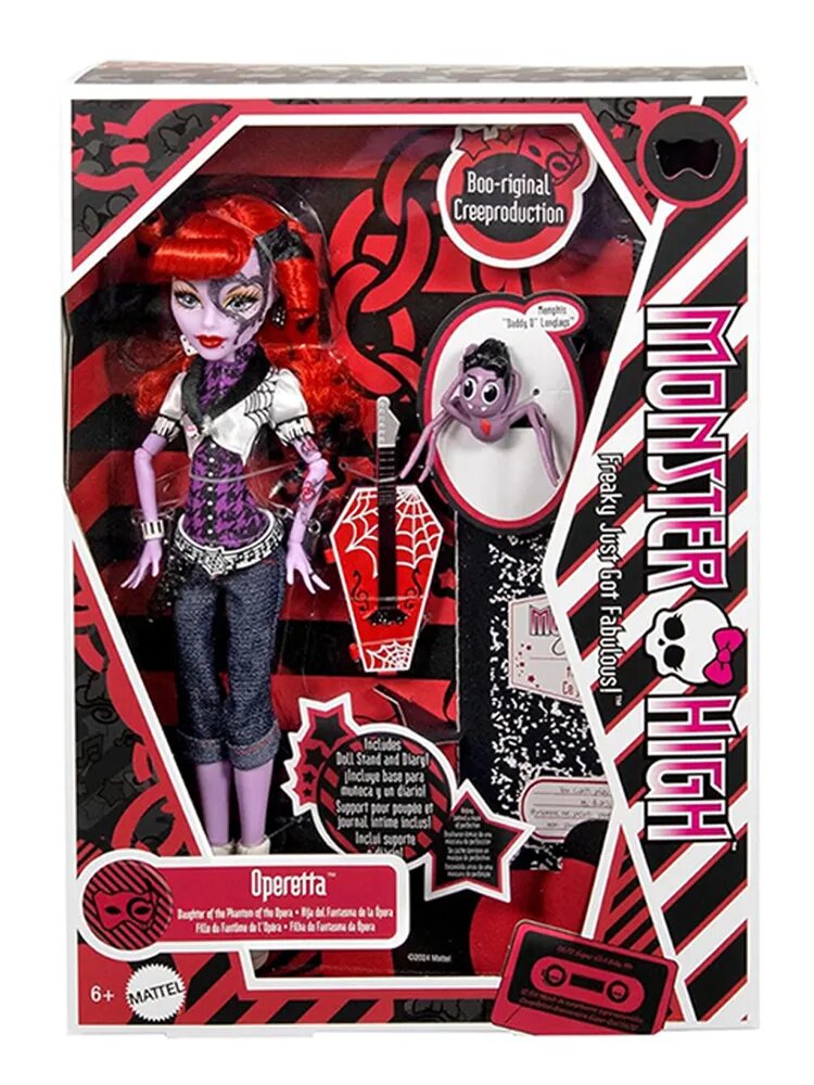 Монстр хай, Шарнирная кукла, Monster High Operetta Collectible Doll / Кукла из модной коллекции с подставкой, дневником и домашним пауком на длинных ногах Папа О, Игрушки для девочек
