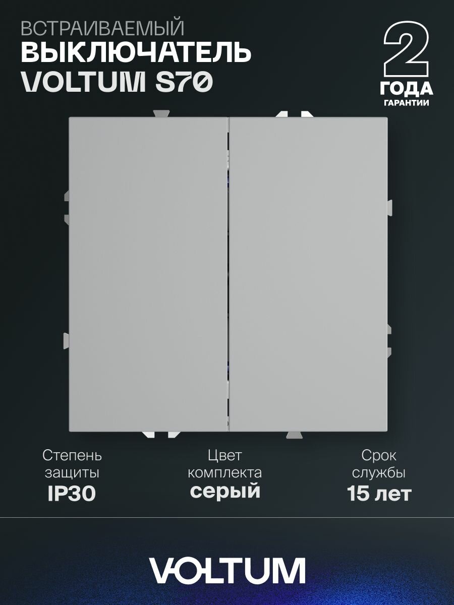 Выключатель встраиваемый VOLTUM двухклавишный 10А цвет серыйVLS0201CM16