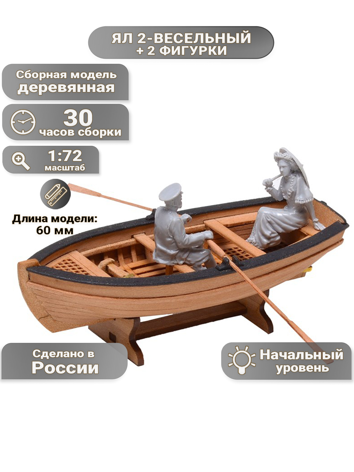 Сборная модель для начинающих, Ял двухвесельный + 2 фигурки, 30 часов