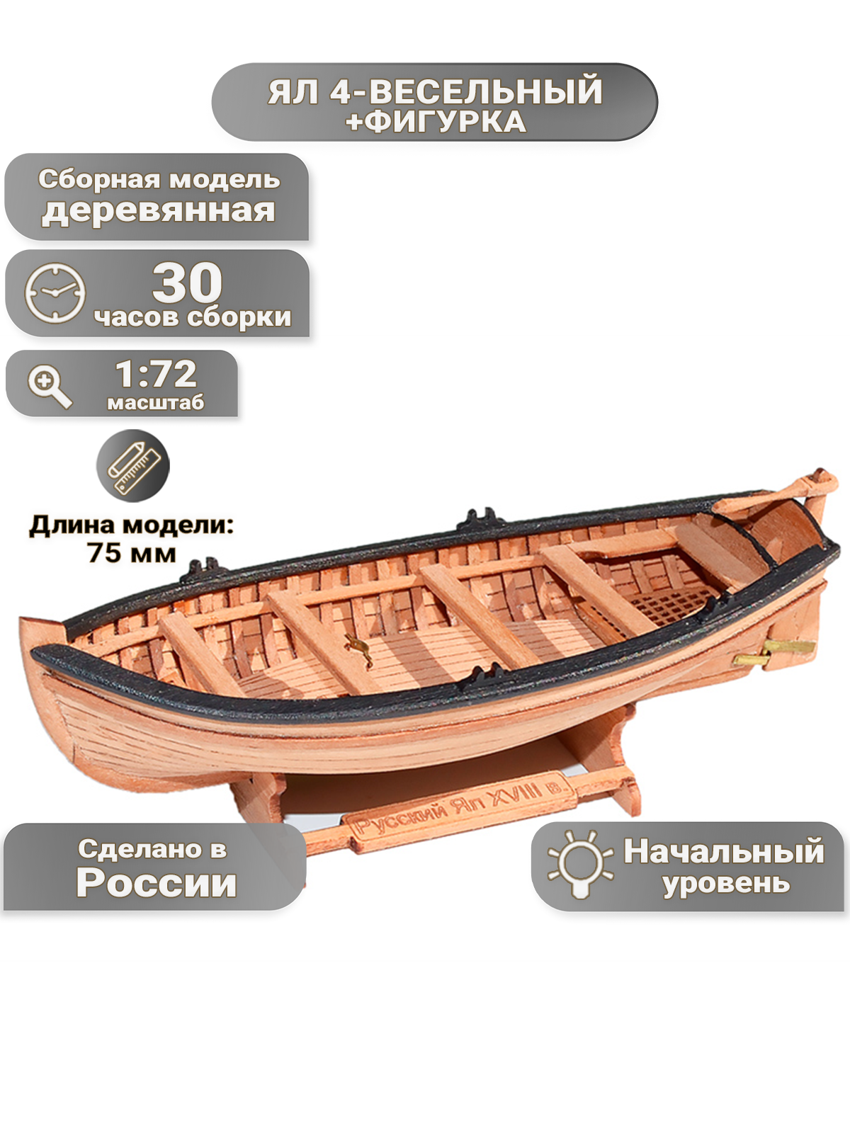 Сборная модель для начинающих, Ял четырехвесельный + фигурка, 30 часов