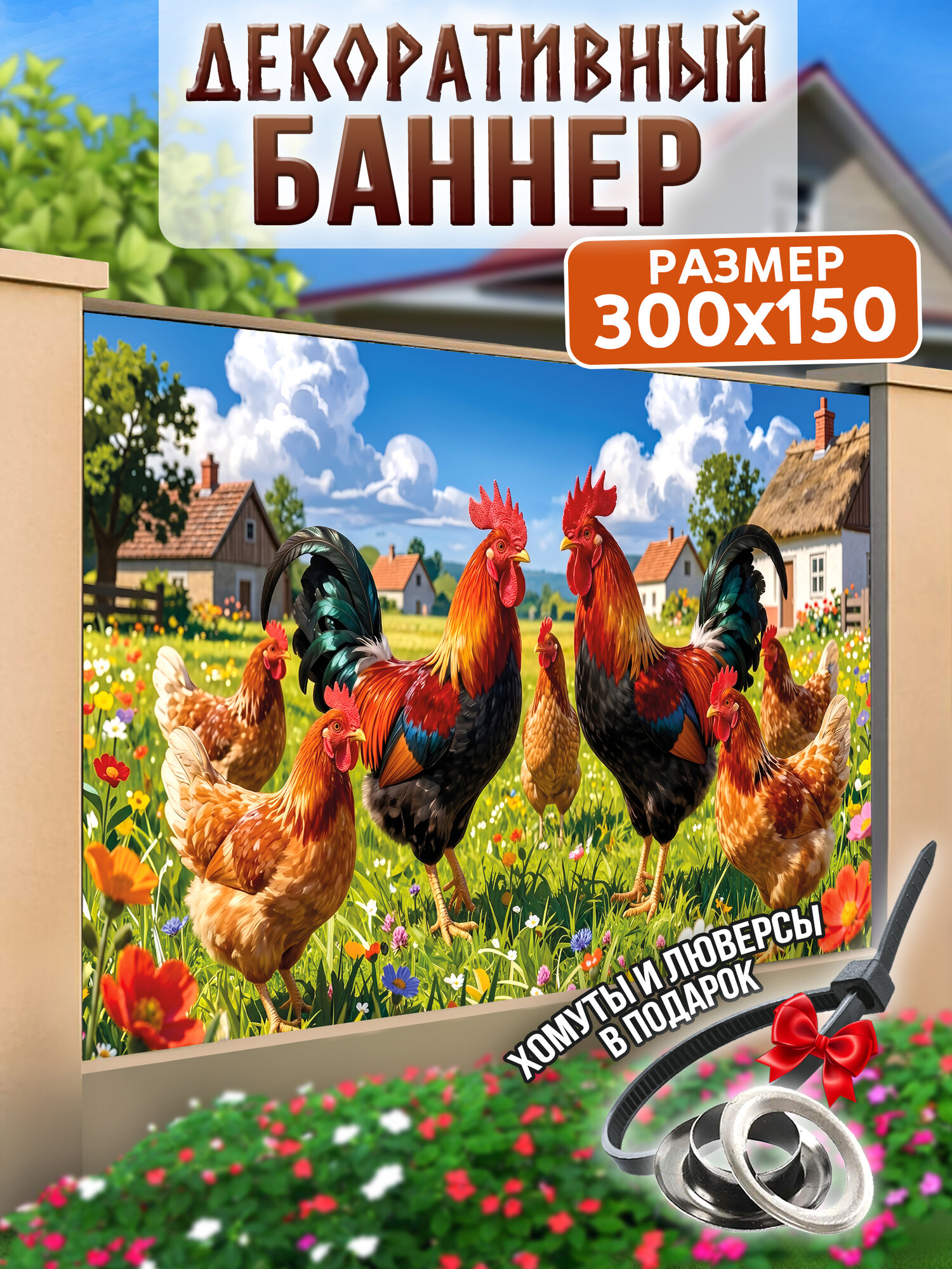 Баннер для забора, беседки, фотофасад 300х150 см