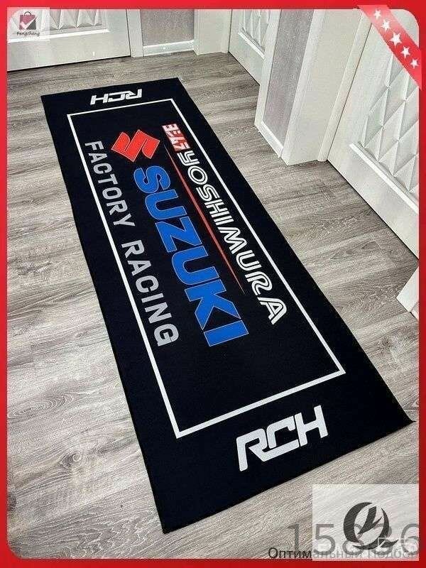 Коврик длинный Suzuki Yoshimura Factory Racing RCH - черный с яркими логотипами, для гаража и мотоцикла