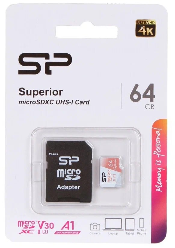 Карта памяти Silicon Power Superior, microSDXC, 64 ГБ, A1, V30, UHS-I Class 3, с адаптером (SP064GBSTXDV3V20SP)
