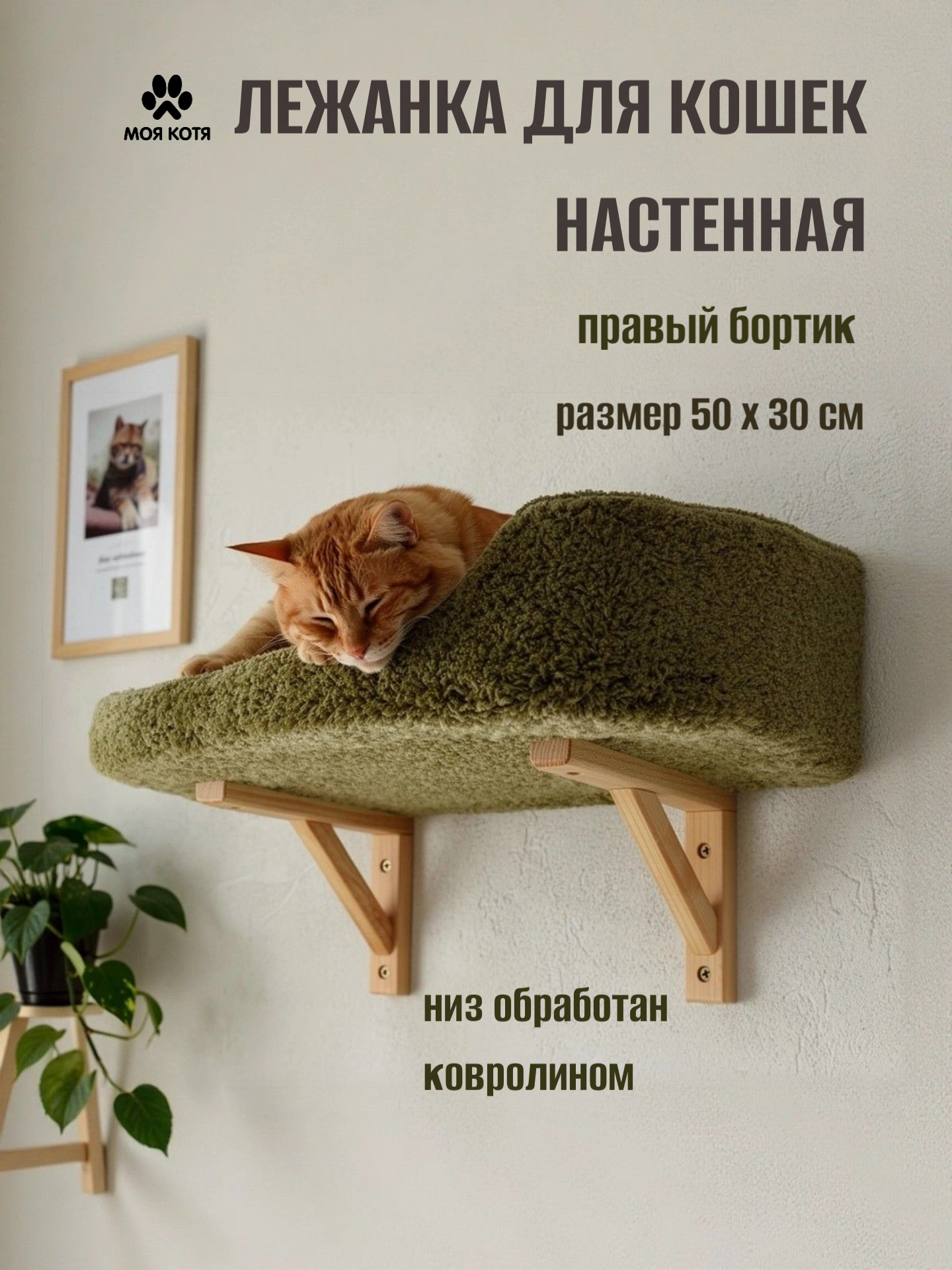 Лежанка для кошек, Моя Котя, настенная, с правым бортиком, оливковая, ковролин, 50х30х10 см