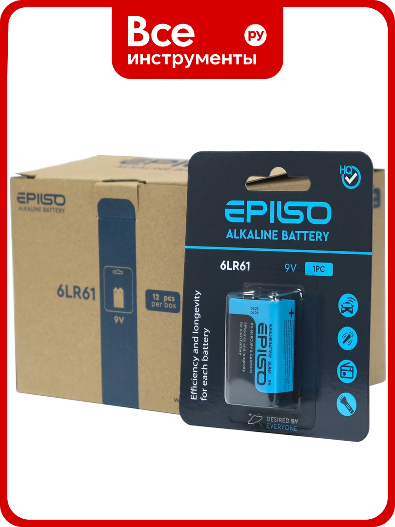 Элемент питания Epilso крона 9v щелочной упаковка 12шт EPB-6LR61-12pc