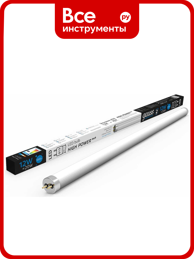 Лампа Gauss Elementary T8, 12W, 1000lm, 6500K, G13, 600mm, стекло, LED, 1/20 93032