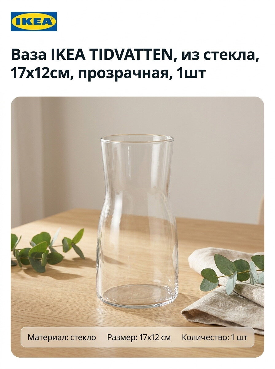 Ваза IKEA TIDVATTEN, из стекла, 17х12см, прозрачная, 1шт