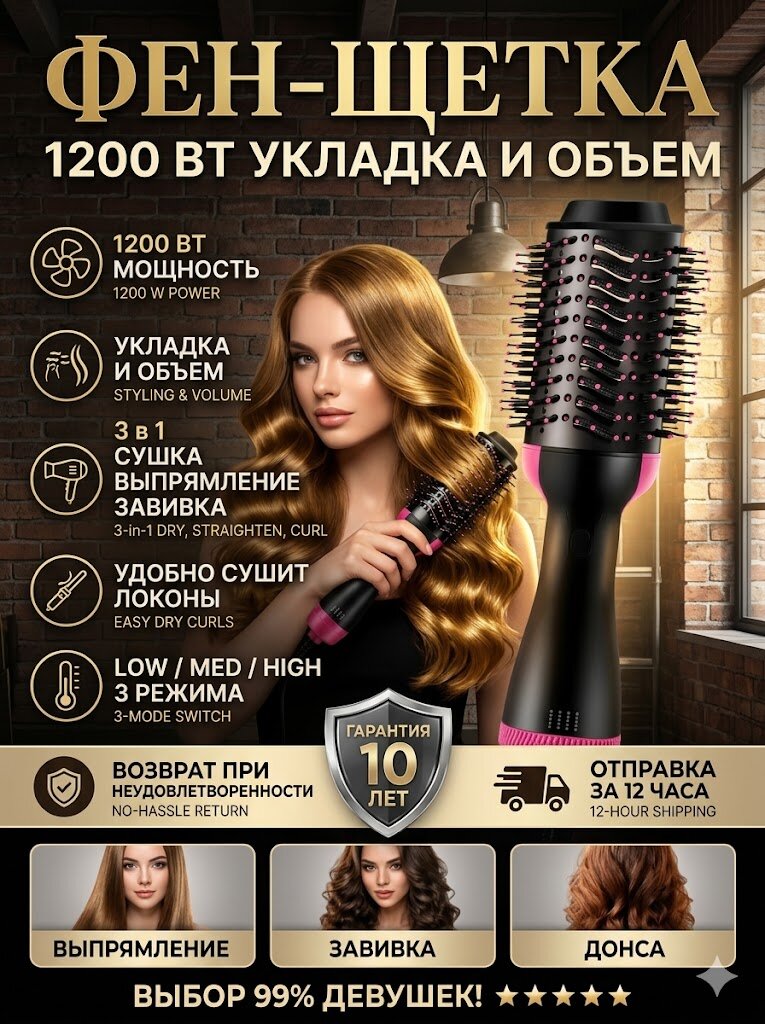 Фен-щетка для волос / Расческа с ионизацией One Step Фен-щётка (расчёска-фен) для волос Hair Dryer 3 в 1