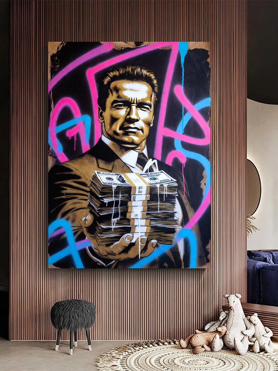 Картина на холсте «Arnold Schwarzenegger: Арнольд Шварценеггер: поп-арт портрет Арнольда» в интерьере, 30×40 см