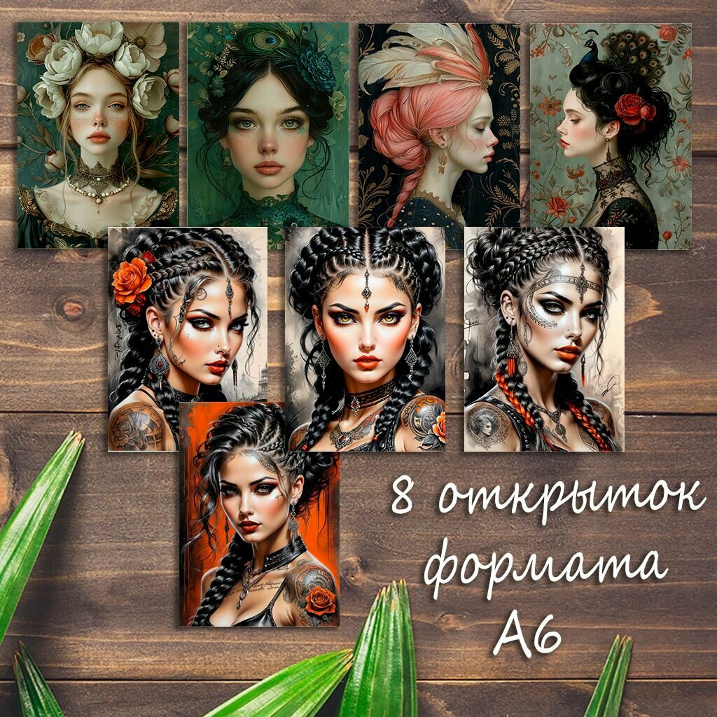 Большой набор открыток Девушки, 8 штук