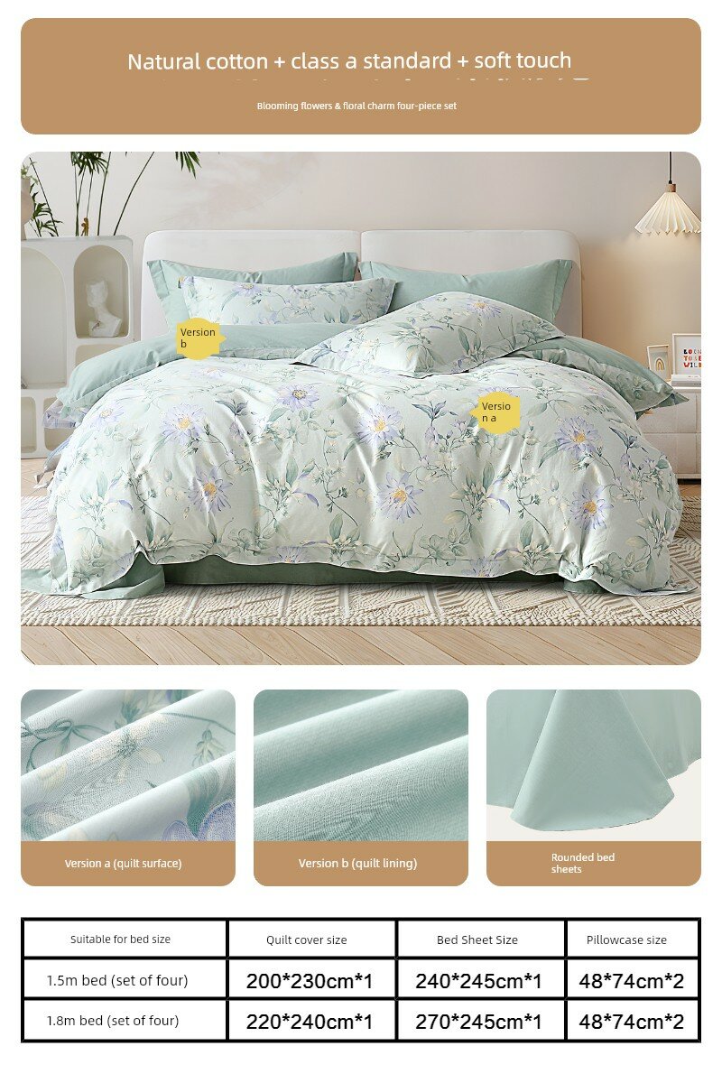 Комплект постельного белья Mercury Home Textile, класс А, 100% хлопок, четыре предмета, свежий принт, пододеяльник,
