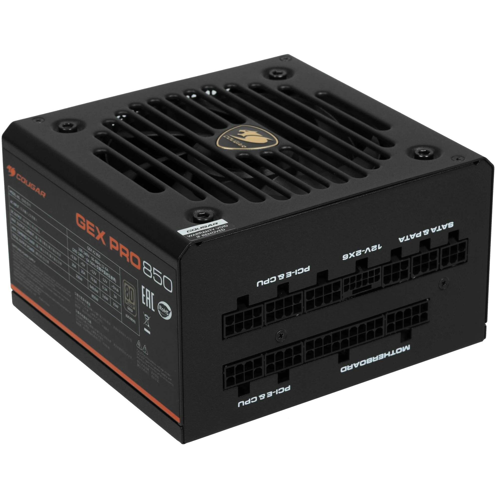 Блок питания Cougar GEX PRO 850 80 Plus Gold (GEX PRO 850) черный - ATX 20+4 пин, 4 pin + 4 pin x2 CPU, 8 SATA, 3 x 6+2 pin, 12V-2x6 PCI-E