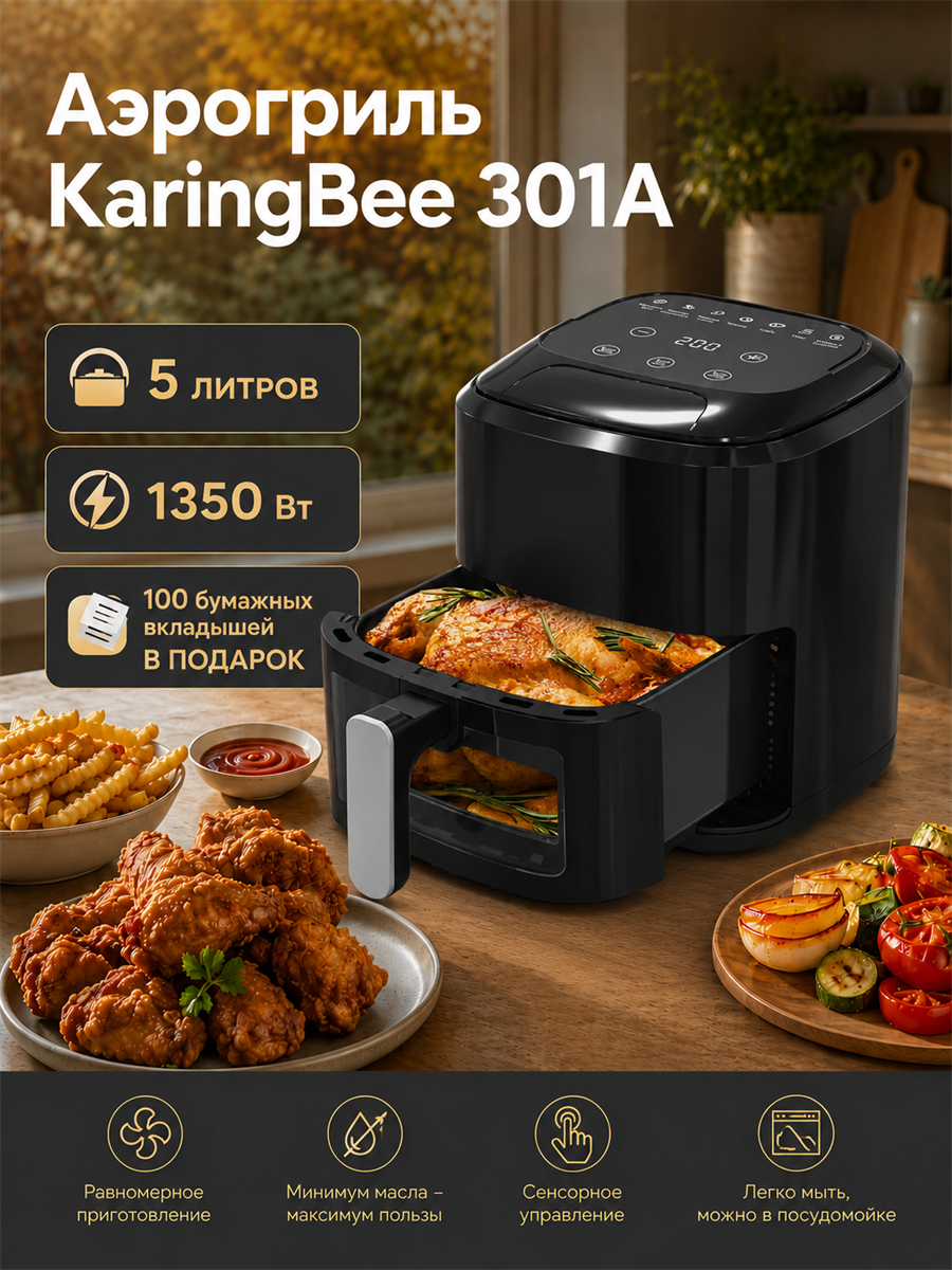 Аэрогриль KaringBee 301A, Мощность 1350 Вт, Объём чаши 5 л , 100 вкладышей в подарок , черный