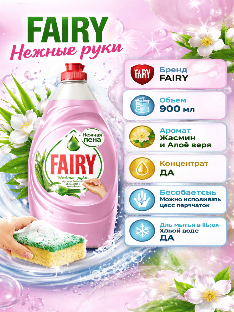 Средство для мытья посуды Fairy Нежные руки розовый жасмин и алоэ вера, 900мл