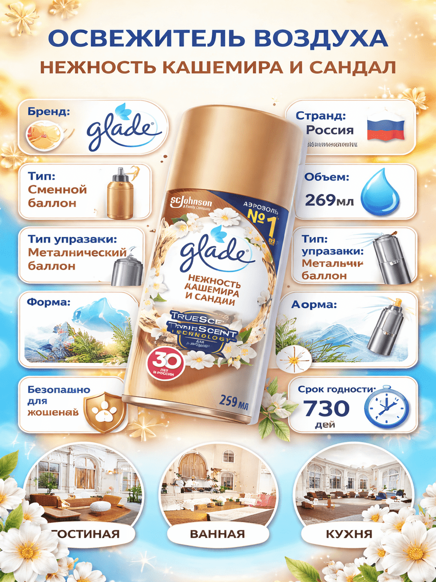 Освежитель воздуха Glade Нежность кашемира и сандал сменный баллон, 269мл