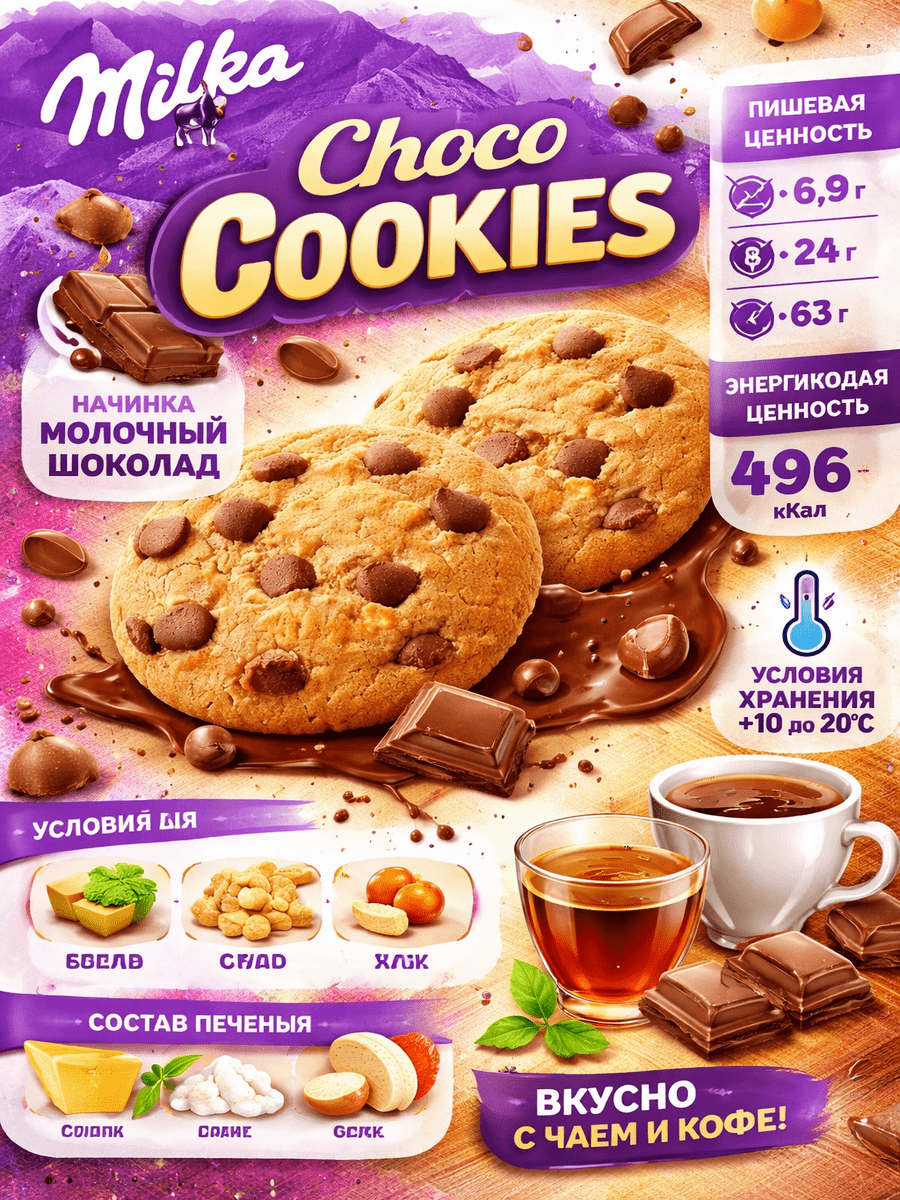 Печенье Milka Choko Cookie с кусочками молочного шоколада, 126г