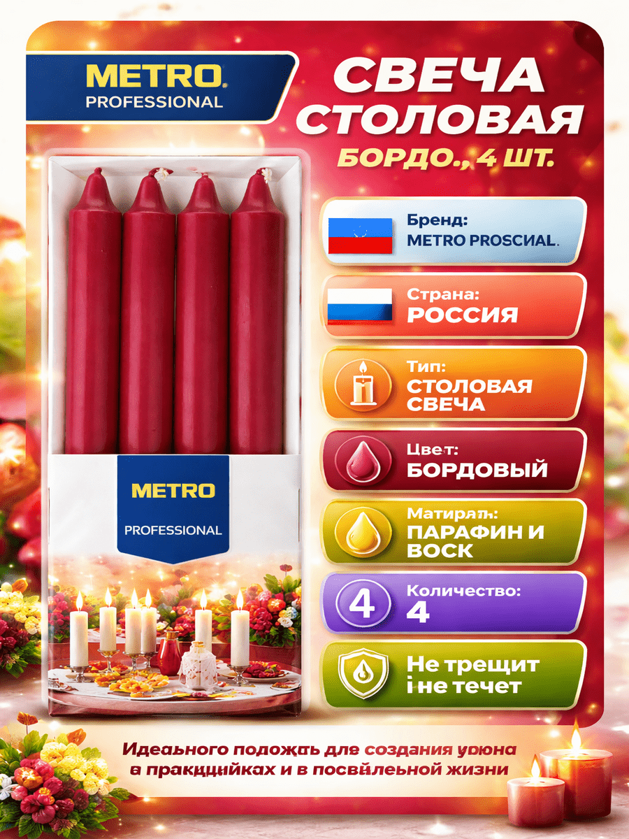 METRO PROFESSIONAL Свеча столовая бордо, 4шт