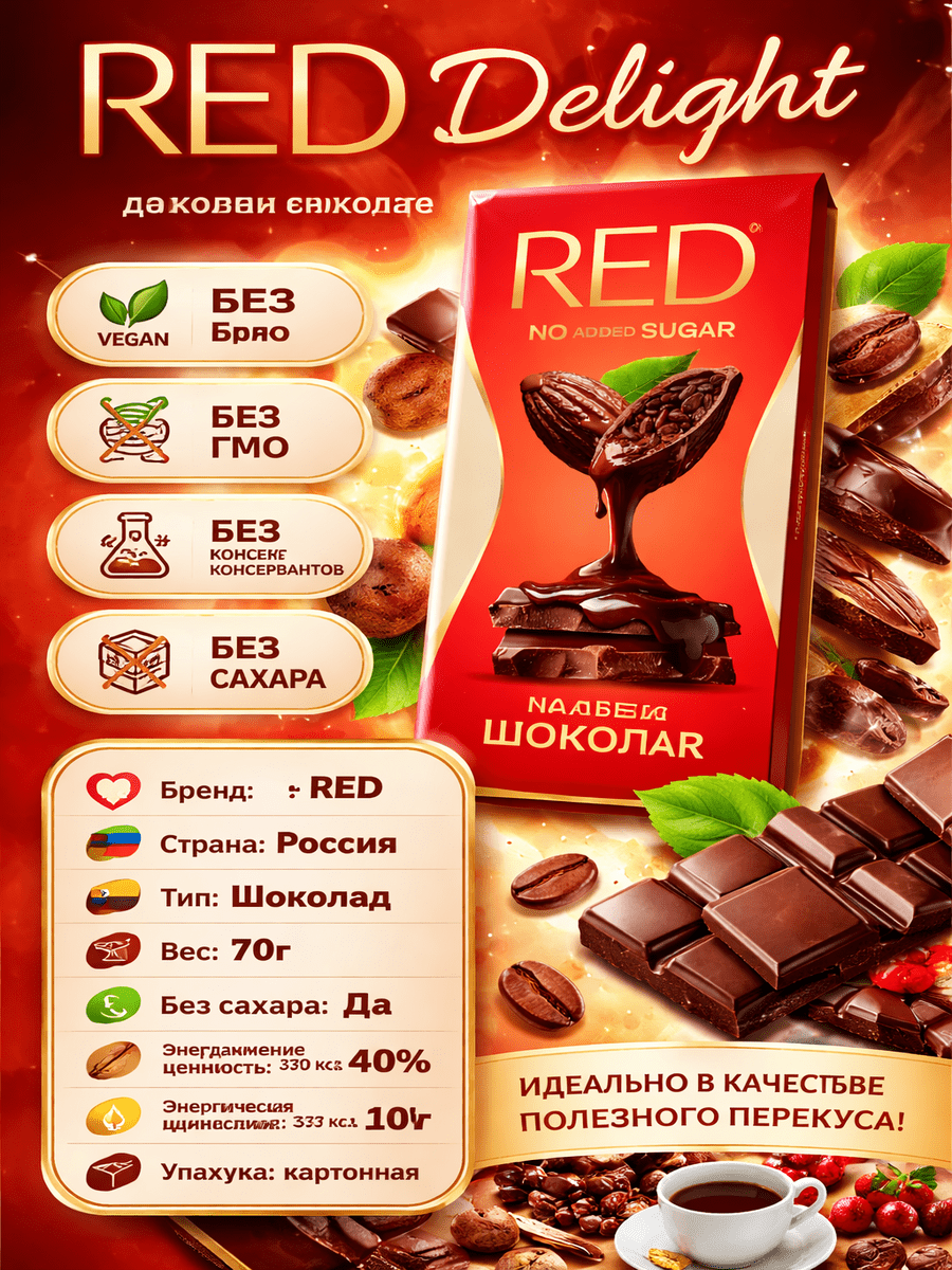 Шоколад Red Delight темный веган без сахара, 70г