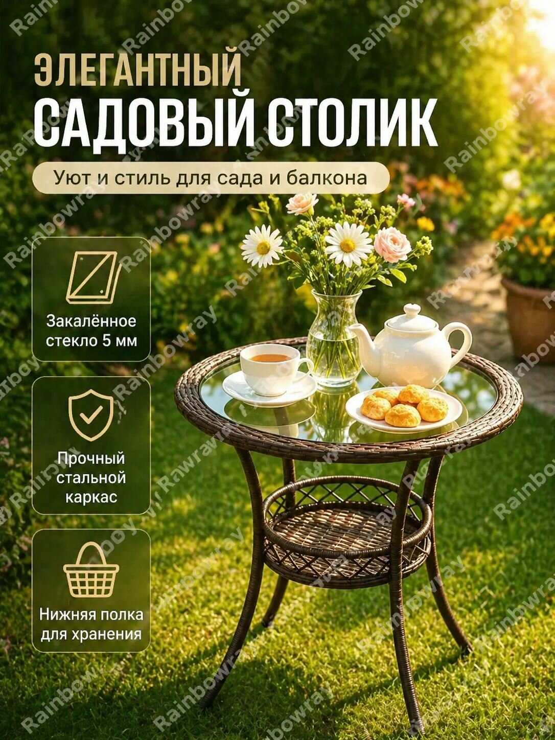 Садовый стол, Закаленное стекло 57х57х54 см
