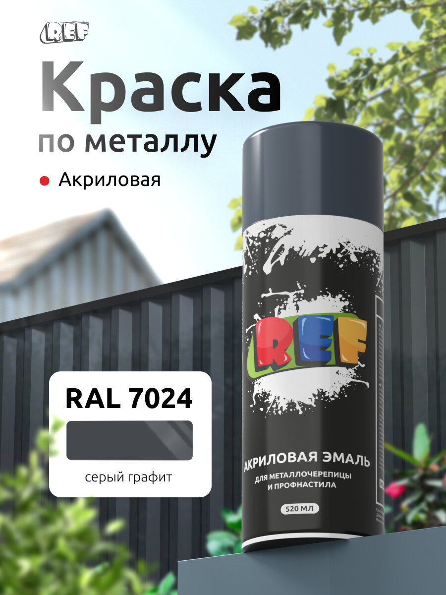 Краска по металлу аэрозольная RAL 7024 серый графит 520 мл акриловая быстросохнущая для наружных работ REF