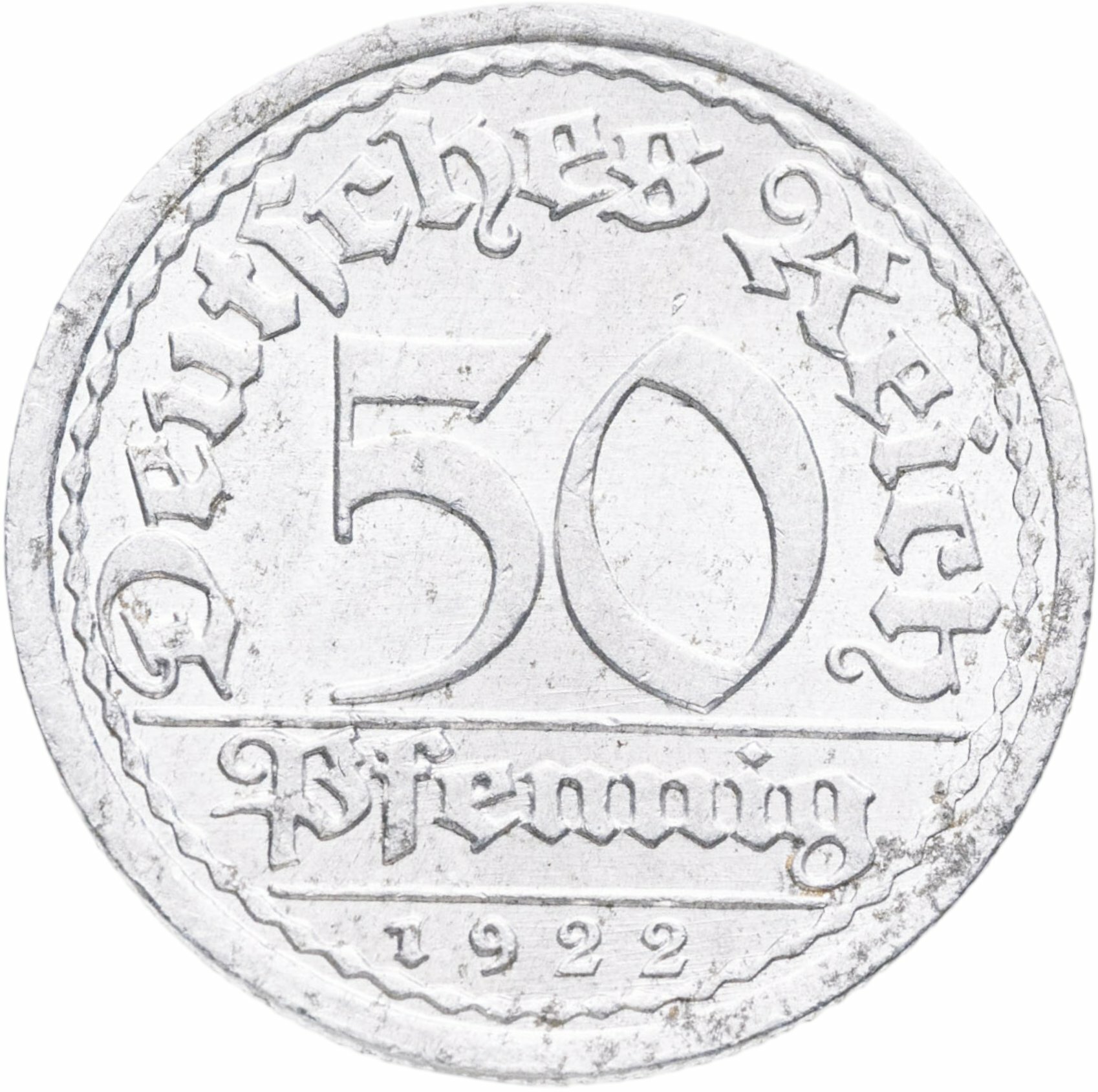 Германия Веймарская республика 50 пфеннигов pfennig 1922 A знак монетного двора "A" — Берлин, Алюминий, в сохранности AU