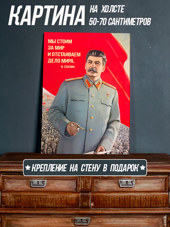 Портрет Сталин отрисован серый китель на фоне флага 50х70см