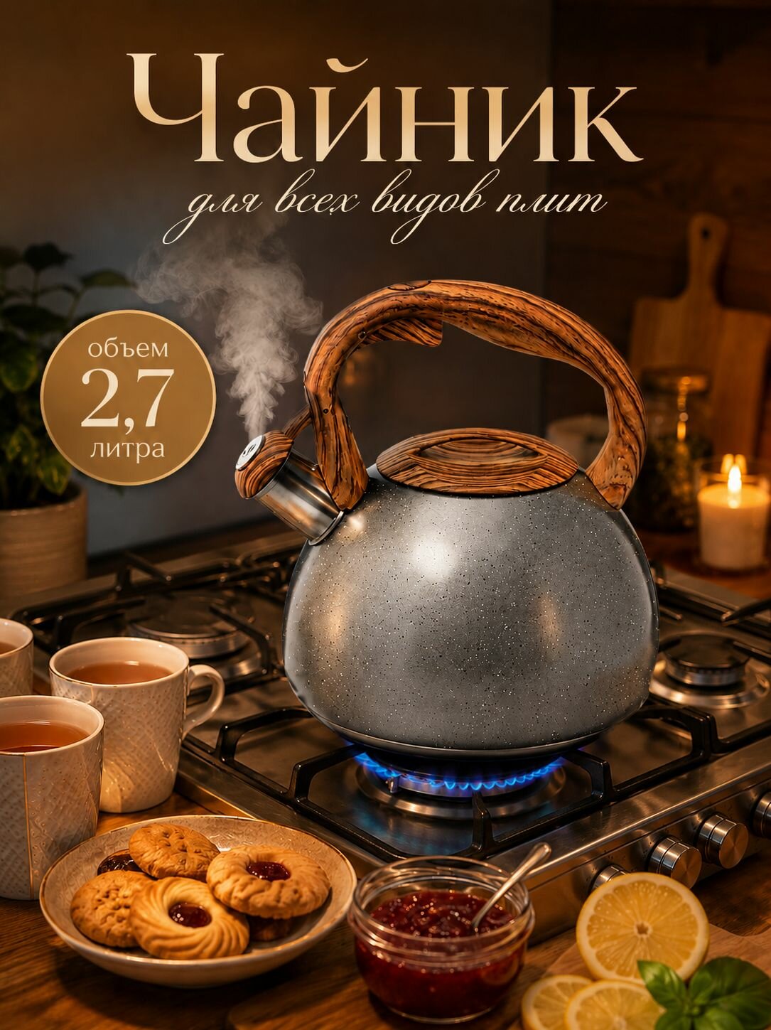 Чайник со свистком, 2.7 л, нержавеющая сталь, для всех видов плит
