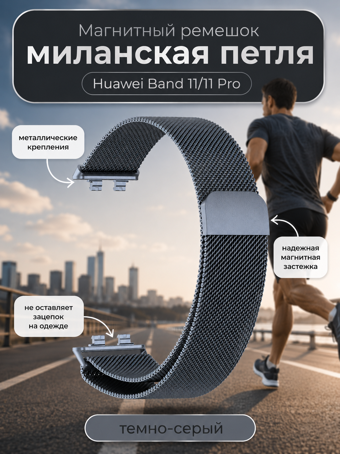 Магнитный ремешок миланская петля для Huawei Band 11/11 Pro, темно-серый