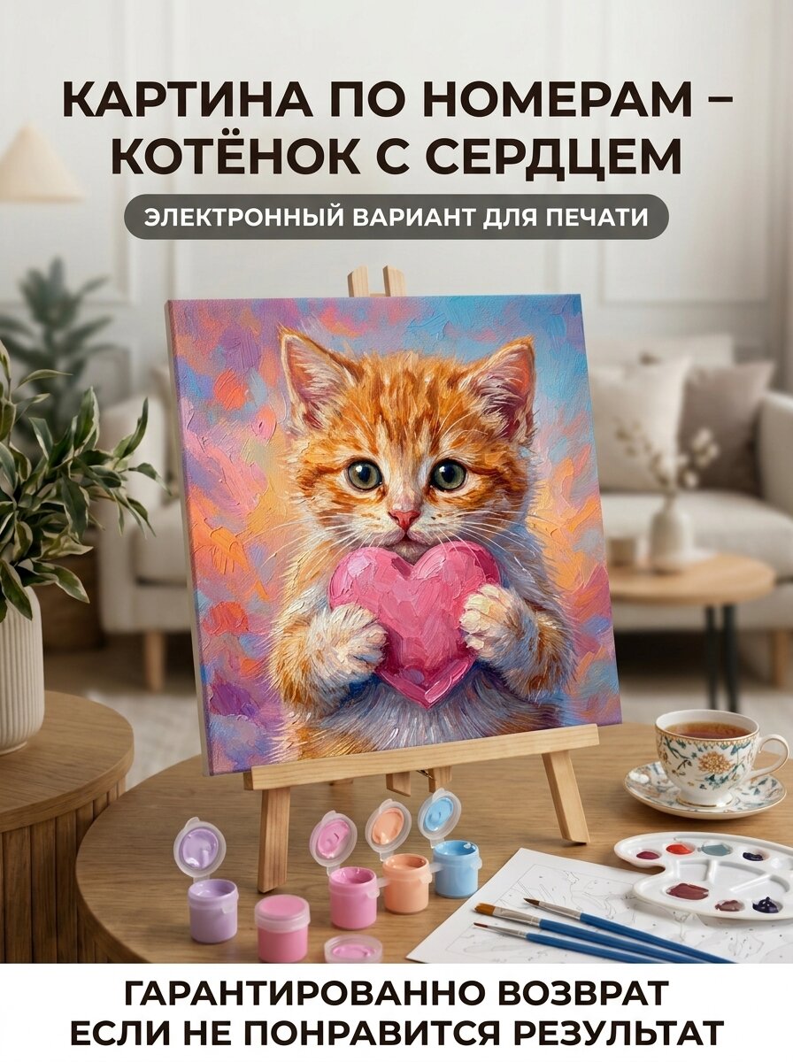 Картина по номерам "Котенок с сердцем", на холсте, PDF-инструкция