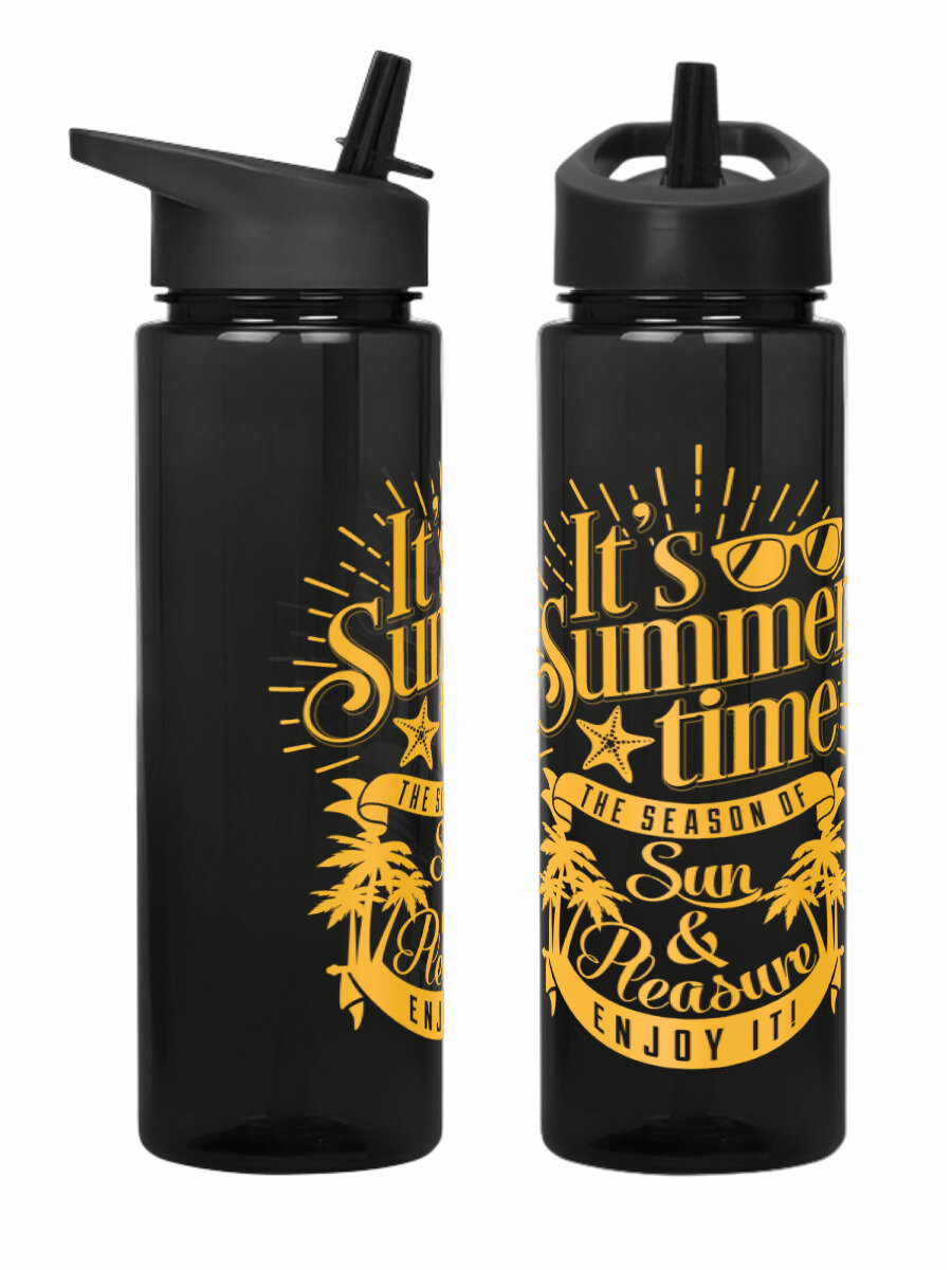 Бутылка черная для воды с принтом Яркая надпись Its Summer time