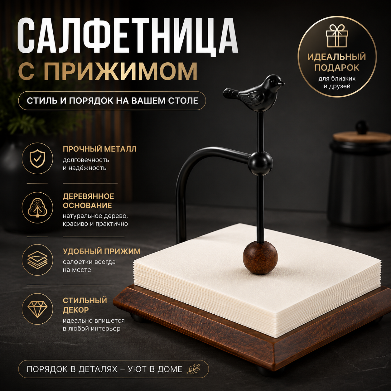 Салфетница с прижимом настольная, подставка для салфеток с птичкой, металлическая с деревом, декор для кухни, подарок для дома
