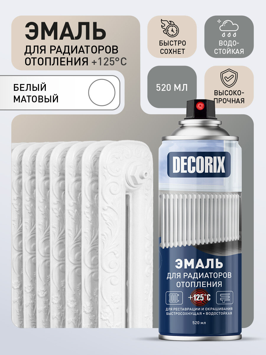Аэрозольная краска для радиаторов белая матовая DECORIX 520 мл термостойкая - высокопрочная эмаль для батарей моющаяся в баллончике