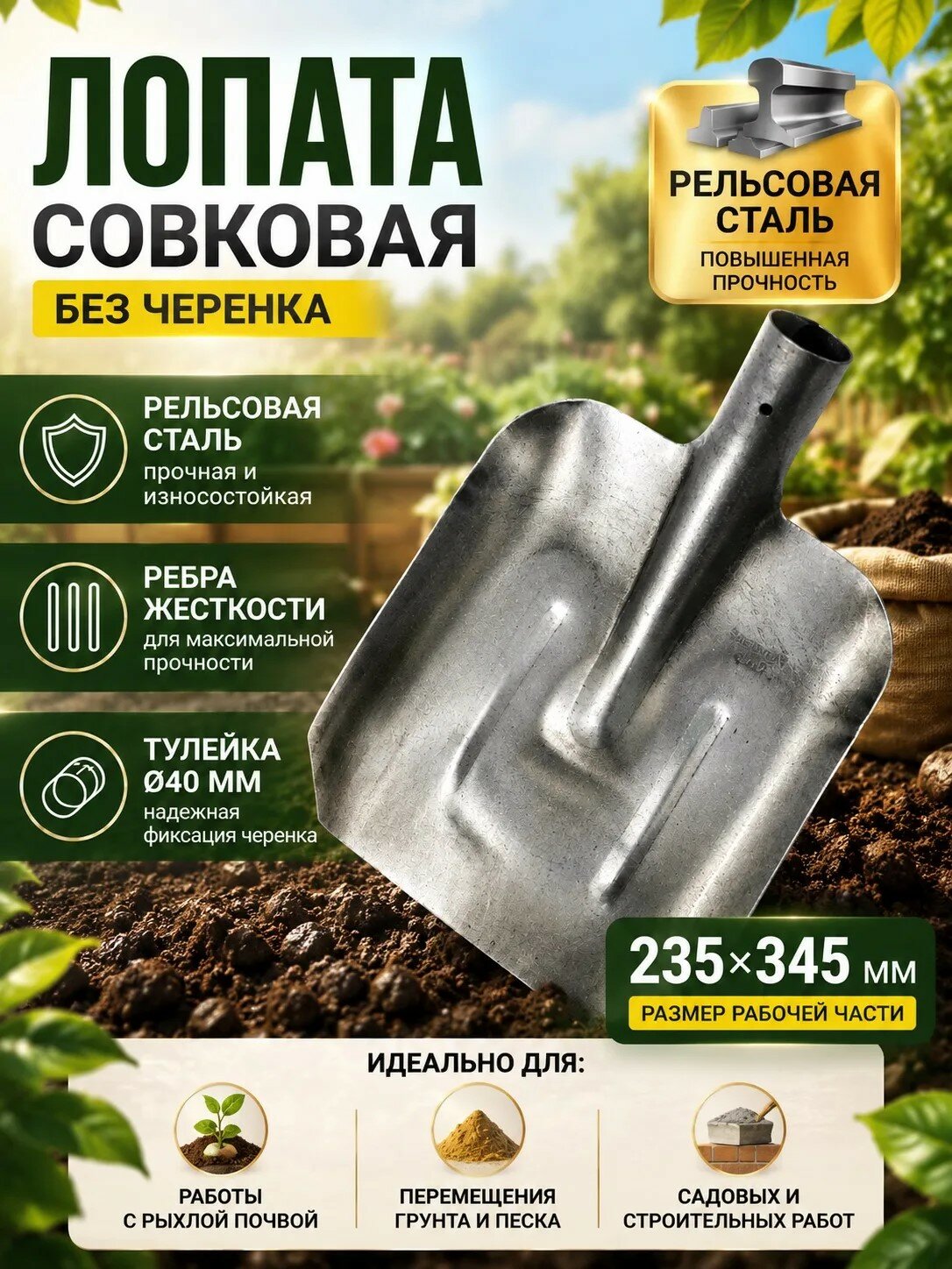 Лопата совковая 235х345мм с ребрами жесткости, рельсовая сталь, без черенка, тулейка d 40