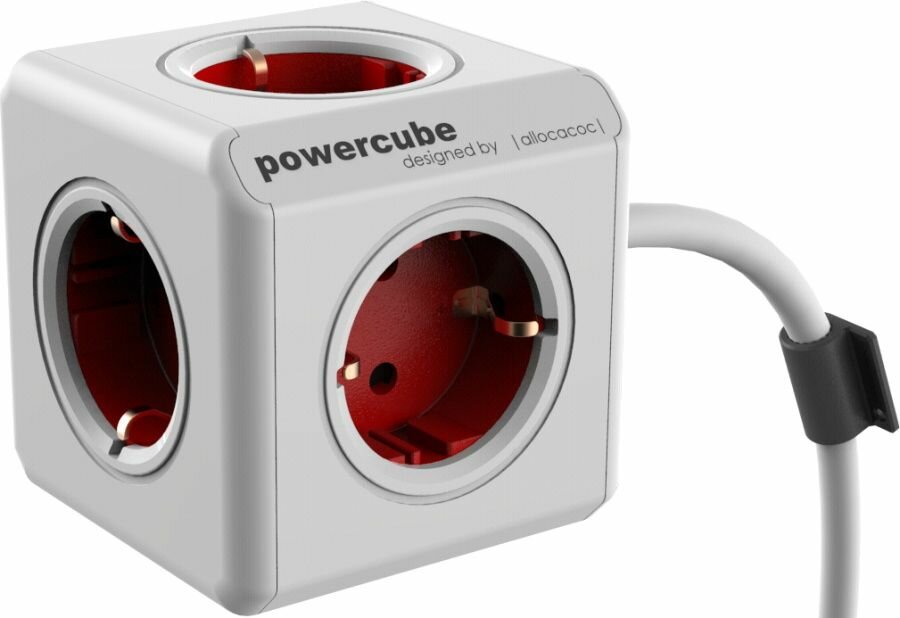 Сетевой удлинитель (фильтр) Allocacoc PowerCube Extended RED, 5 розеток, провод 1,5 метра, без USB, с креплением