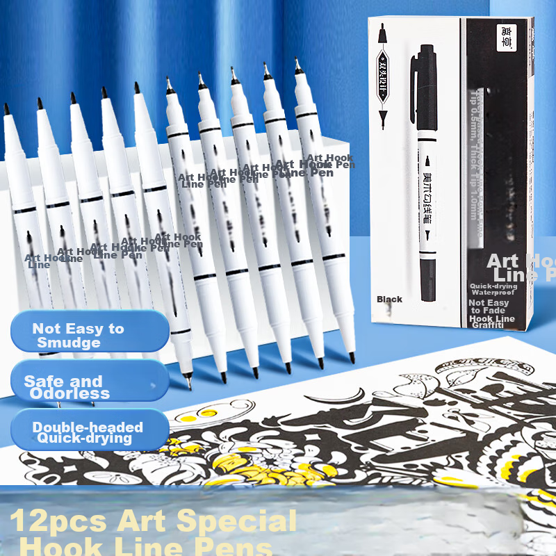 Licao Black Dual-Tip Marker Pen, Fine Tip Pen for Drawing And Outlining, Waterproof Quick-Drying Water-Based Marker Pen, Marking And Doodling Pen, Black, 12-Pack