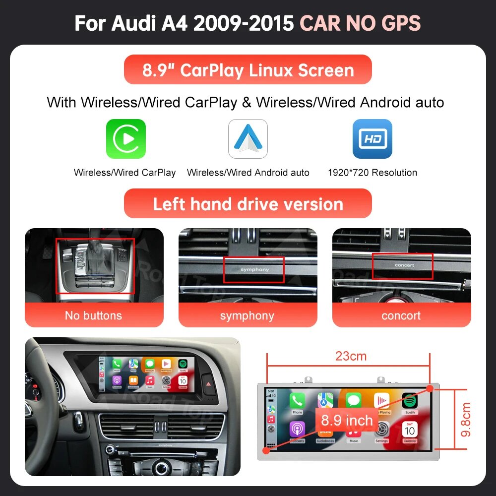Мультимедиа RoadTop CarPlay Android Auto Audi A4 2009-2015, 8.9", LHD