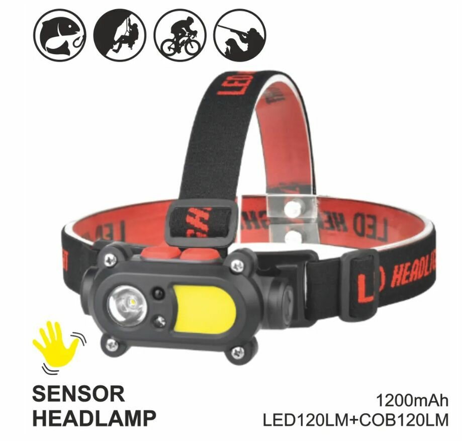 Фонарь налобный 1 LED+COB, датчик движения, заряд от USB KX-208