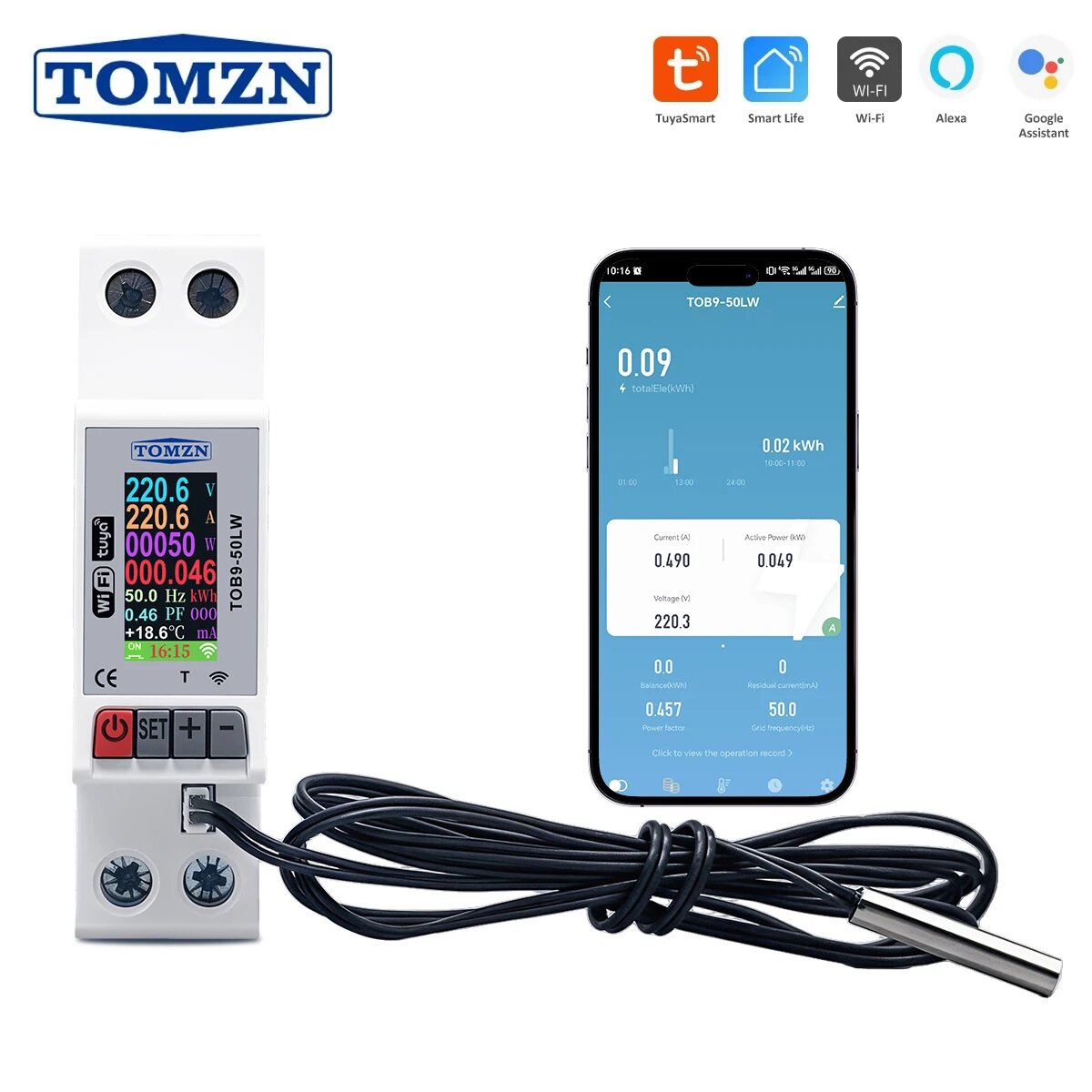 TOMZN TOB9-50LW 1P+N 90-300VAC 1-50A Компактный Wi-Fi смарт-выключатель 12-в-1 с измерением температуры и защитой от перенапряжения (OVP), перегрузки по току (OCP), повышенного напряжения (UVP), перегрева (OTP)
