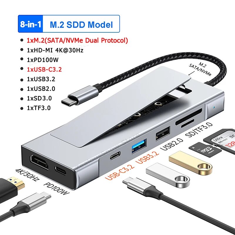 8-в-1 M.2 SATA NVMe USB-C док-станция, Цвет: 8IN1 SATA NVMe