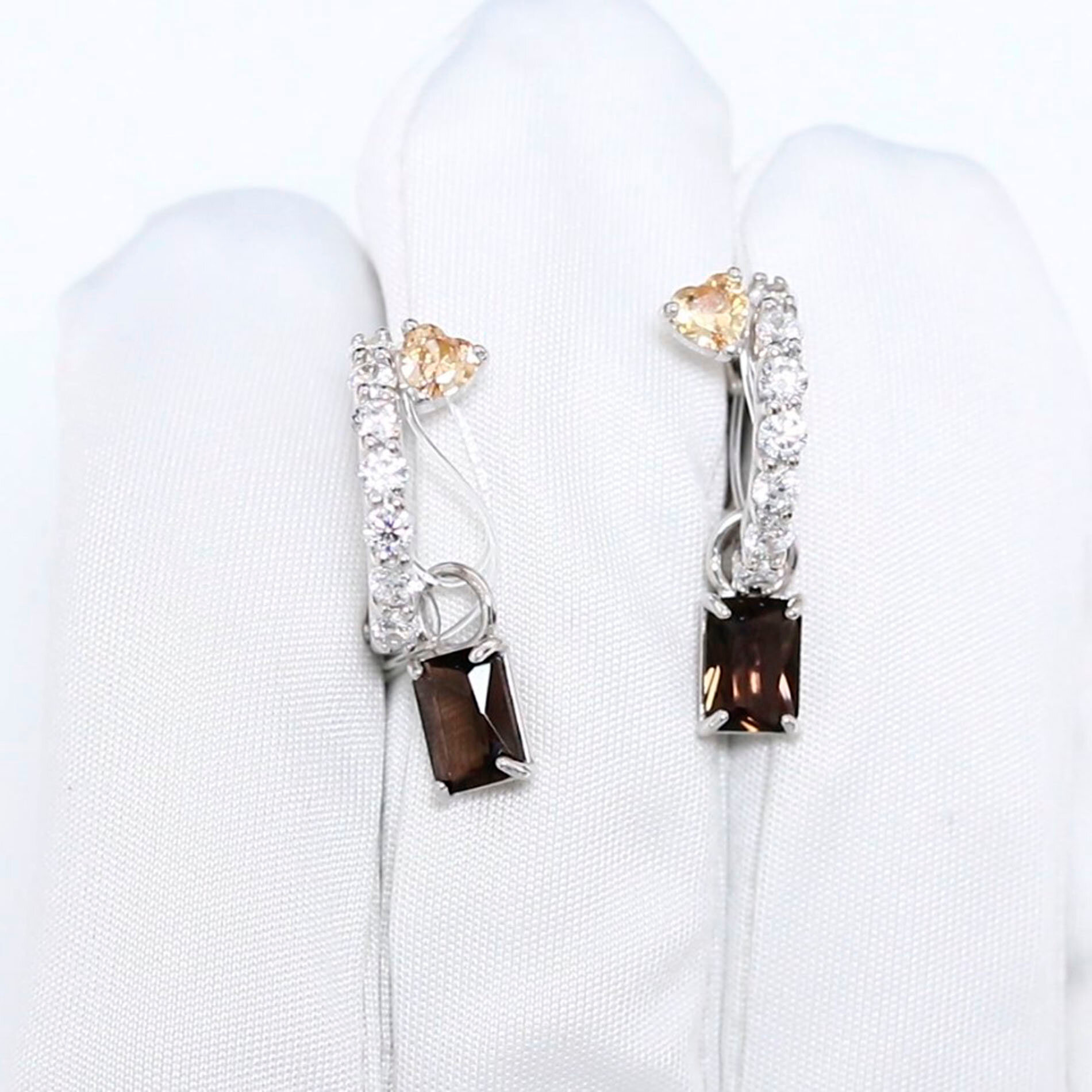 Серьги, серебро, 925 проба, родирование, фианит, раухтопаз