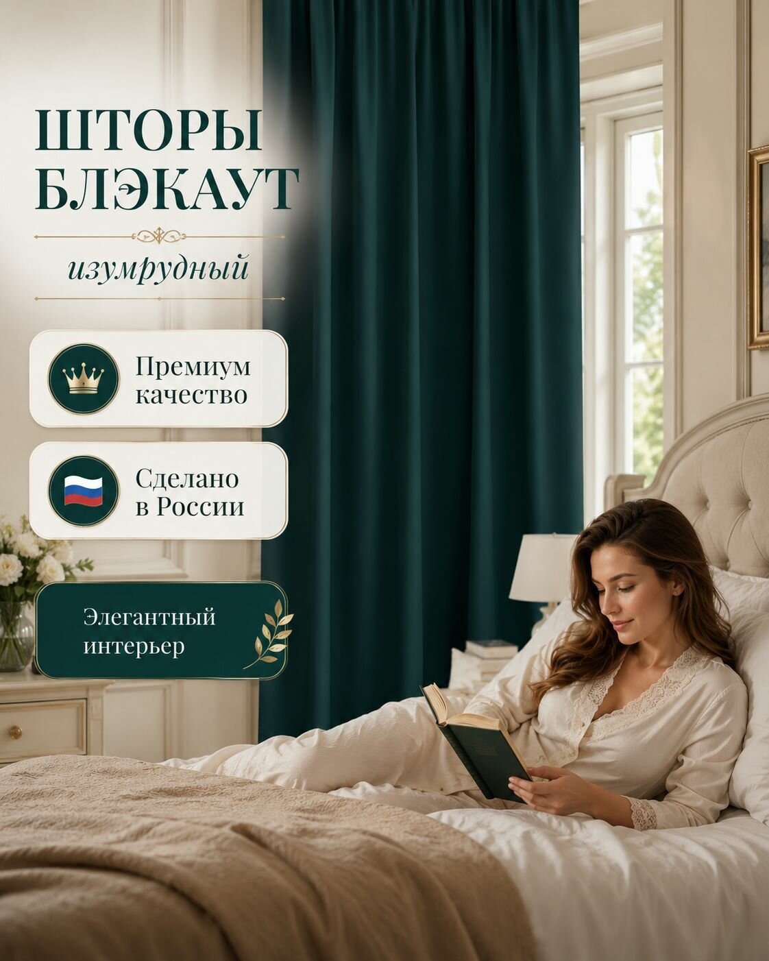 Плотные шторы блэкаут непрозрачные, зеленые, на окна, в спальню, 2 шторы по 200 см, общая ширина 400 см, высота 240 см