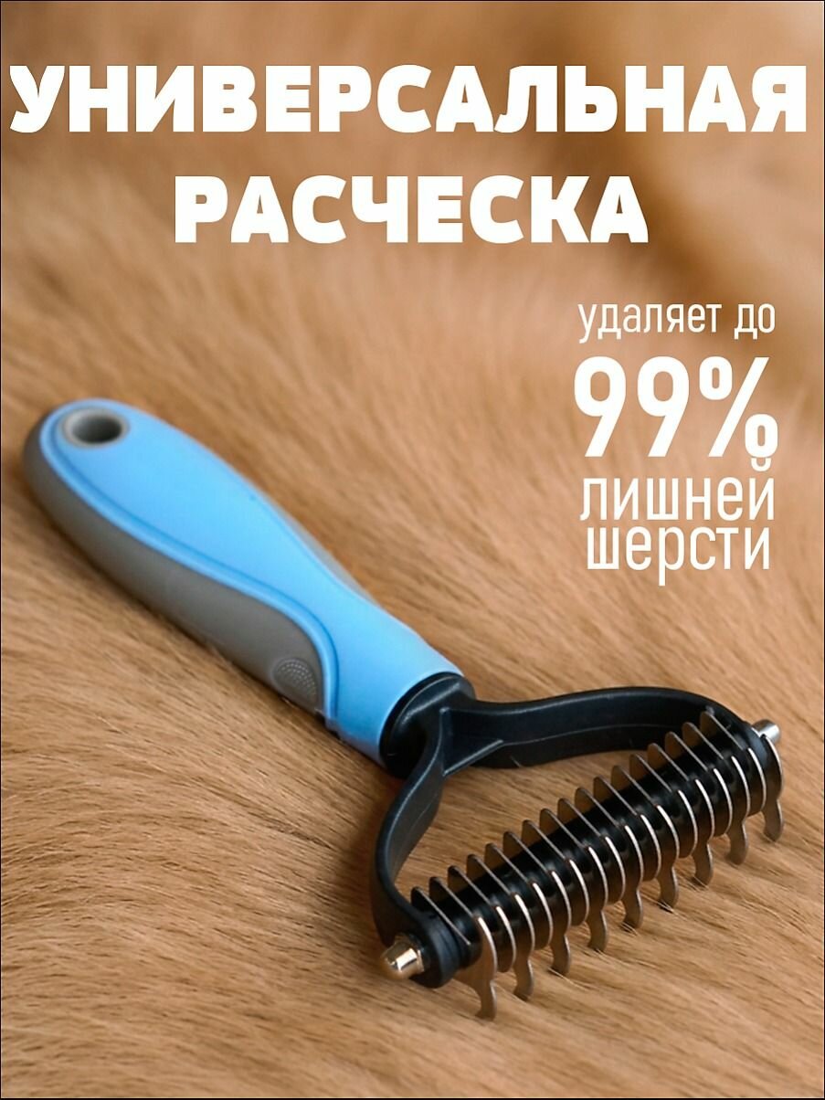 Колтунорез для кошек и собак, пуходерка, чесалка, дешеддер, синий