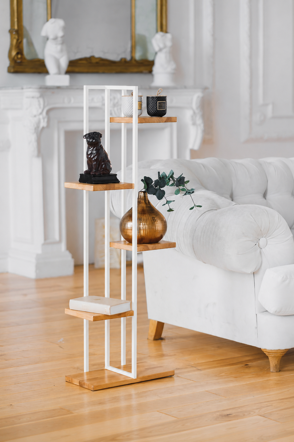 Стеллаж-подставка под кашпо Loft 6, белый каркас, полки дерево, 395х215х1160