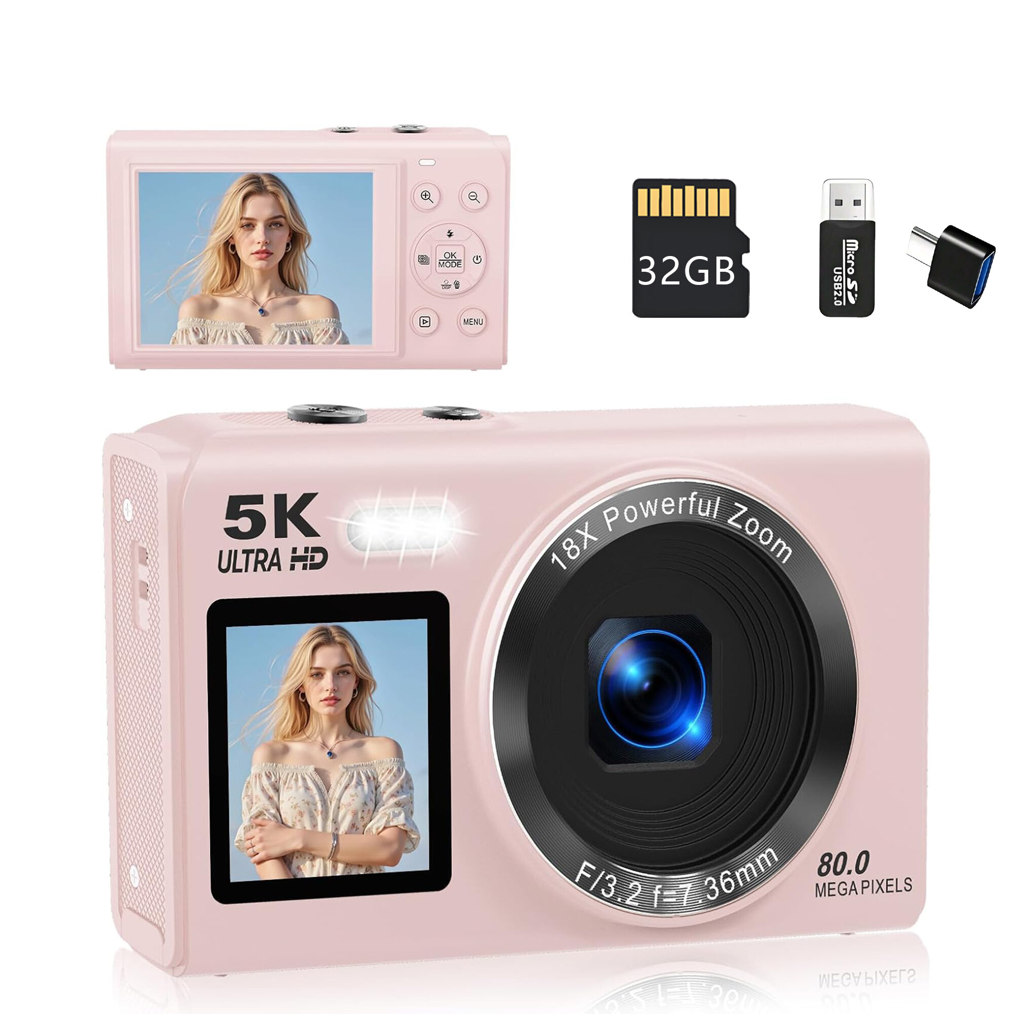 5K Ultra HD Цифровая камера 80 МП с двойным экраном, WiFi, 18X зум, автофокус, режим веб-камеры, для влогов и селфи