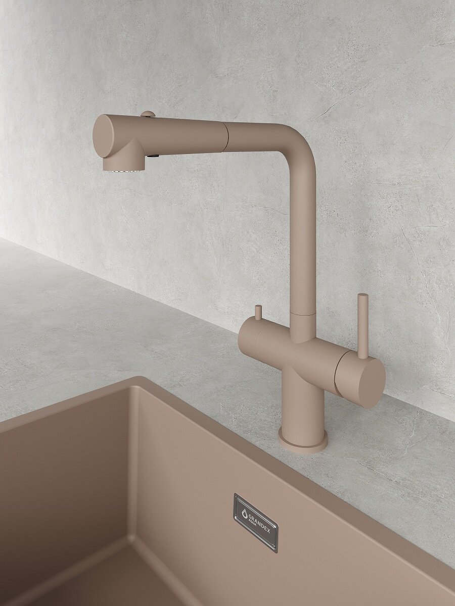 Смеситель для кухни Grandex Aqua Integra-SP Beige (бежевый) с гибким изливом с фильтром смеситель для раковины