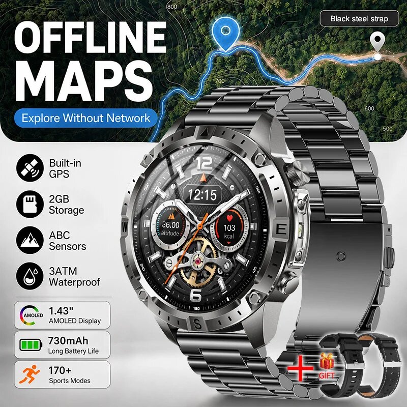 L1 L2 GPS умные часы для плавания 2 ГБ Black Steel 2A