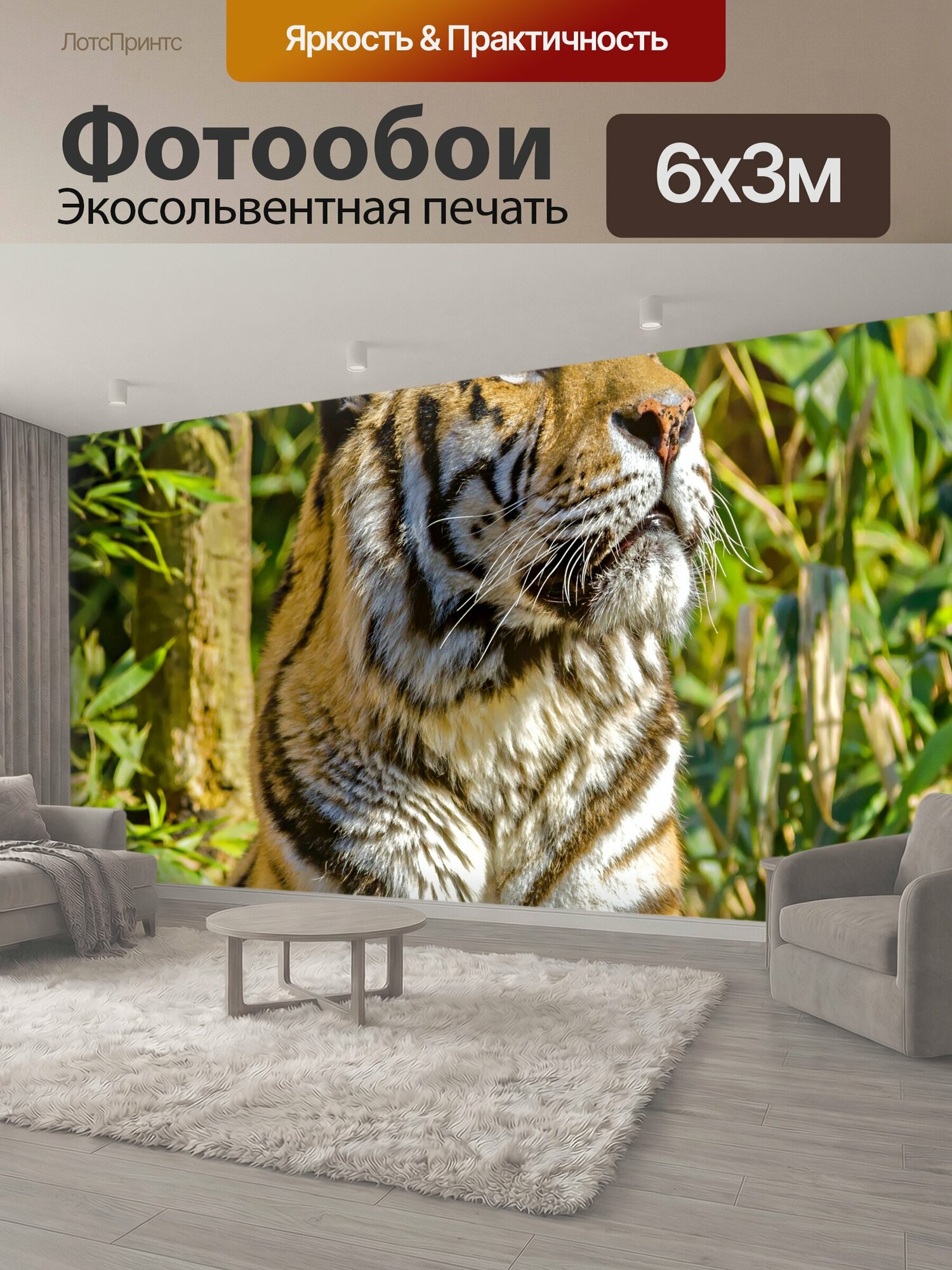 Фотообои "Тигр в джунглях Выстрел в голову тигра в джунглях тигр голова меха дикий животное джунгли" 600x300 см. экосольвентная печать