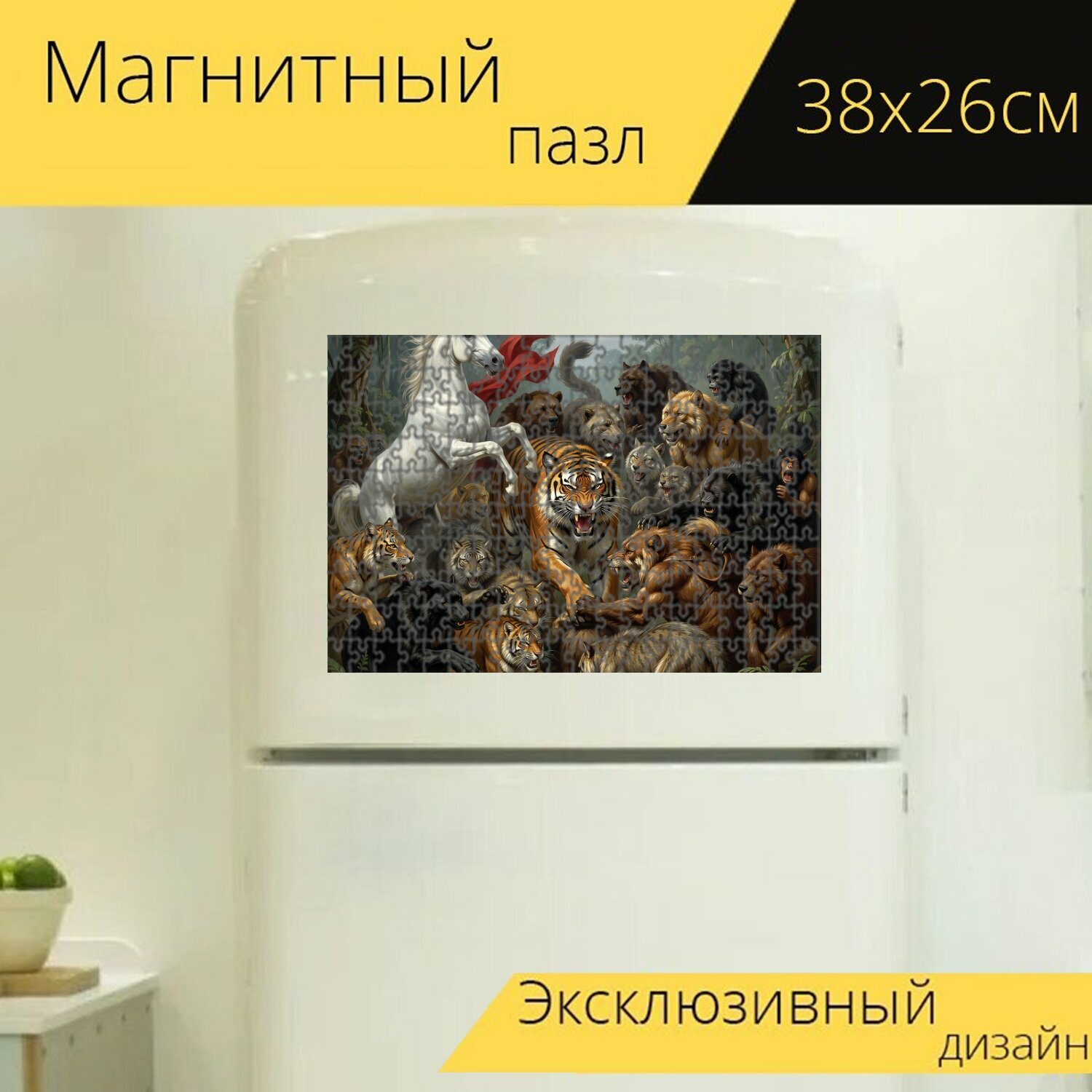 Магнитный пазл "Схватка зверей и белого скакуна. Напряжённая иллюстрация лесной чащи: светлый скакун, тигры, медведи, волки и обезьяны в яростной борьбе." для интерьера, 38х26 см.
