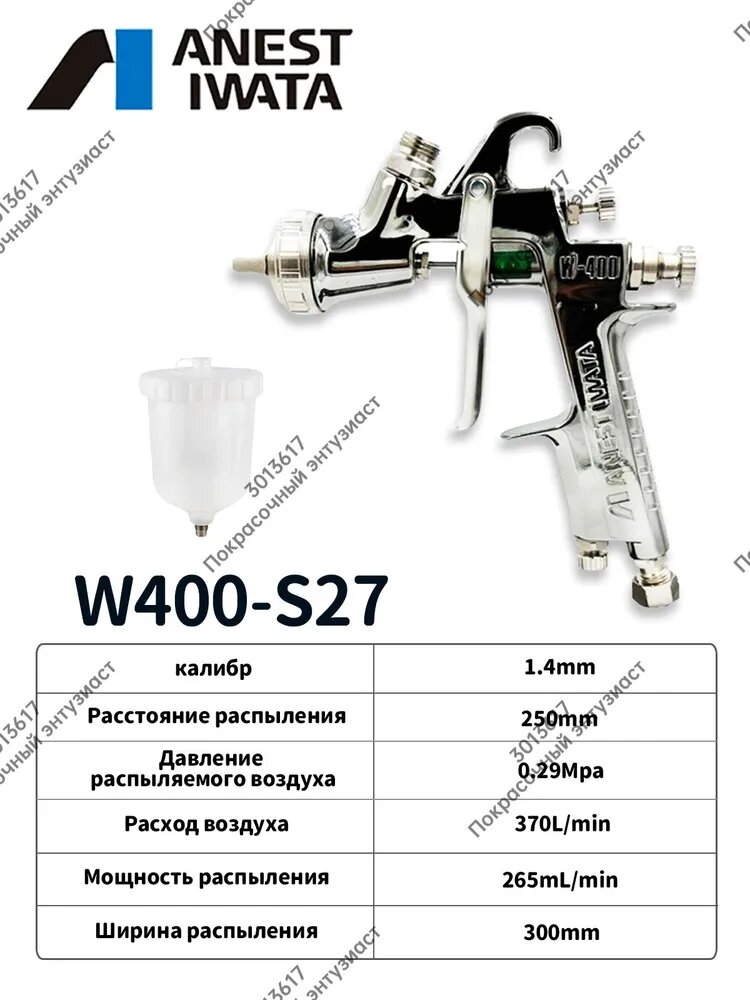 Японии ивата Краскопульт пневматический, Anest Iwata W400-S27 RP сопло 1.4 мм для автомобильного лака и мебельной краски. С манометром в подарок!