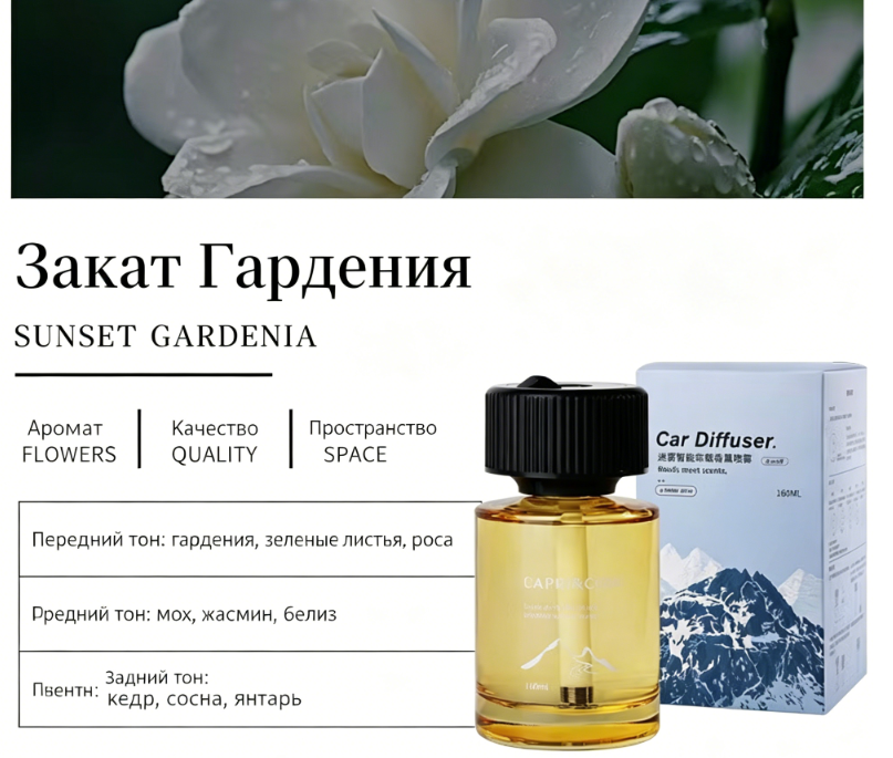 Электронный автоароматизатор с ультразвуковым распылением, автоматический диффузор для машины и дома "Гардения на закате